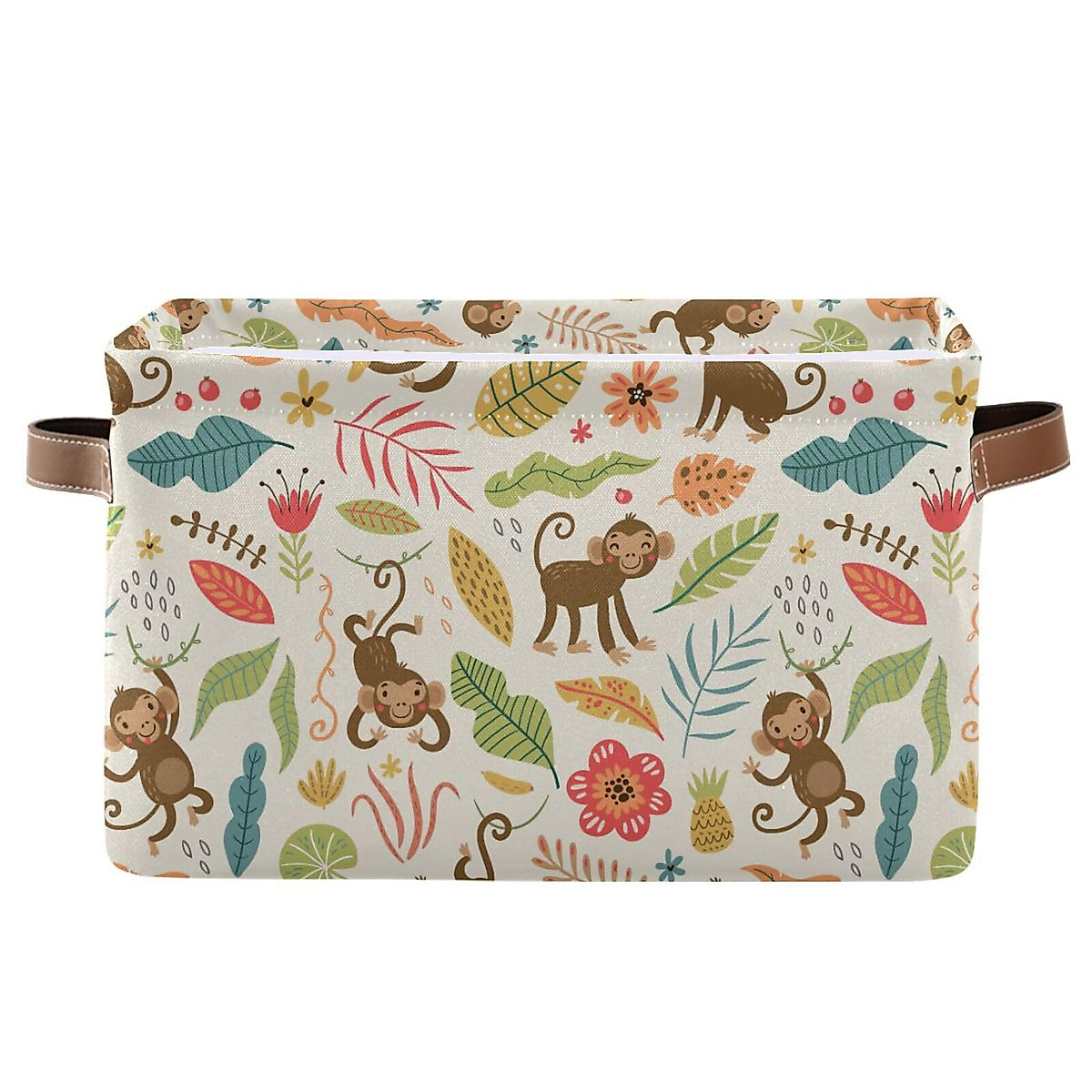 Kigai Collapsible Storage Basket with Handles, Cute Monkeys Canvas Fabric Storage Bins Toys Clothes Organizer for Bedroom, Nursery, Shelves, Closets (1PACK)