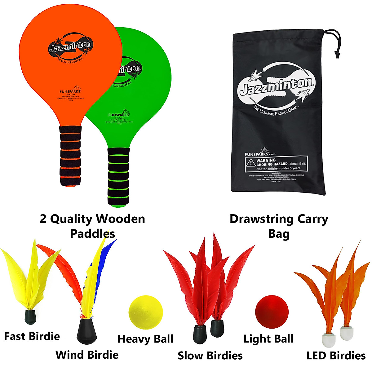 Paddle Ball Game Jazzminton Deluxe with LED Birdie - Indoor/Outdoor Game for Kids, Teens and Adults