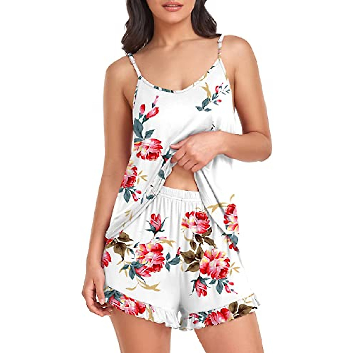 POPYOUNG Ruffled Camisoles Pajamas for Women's Sexy Sleepwear Soft Lingerie Cami Shorts Set Nightwear S,Floral White