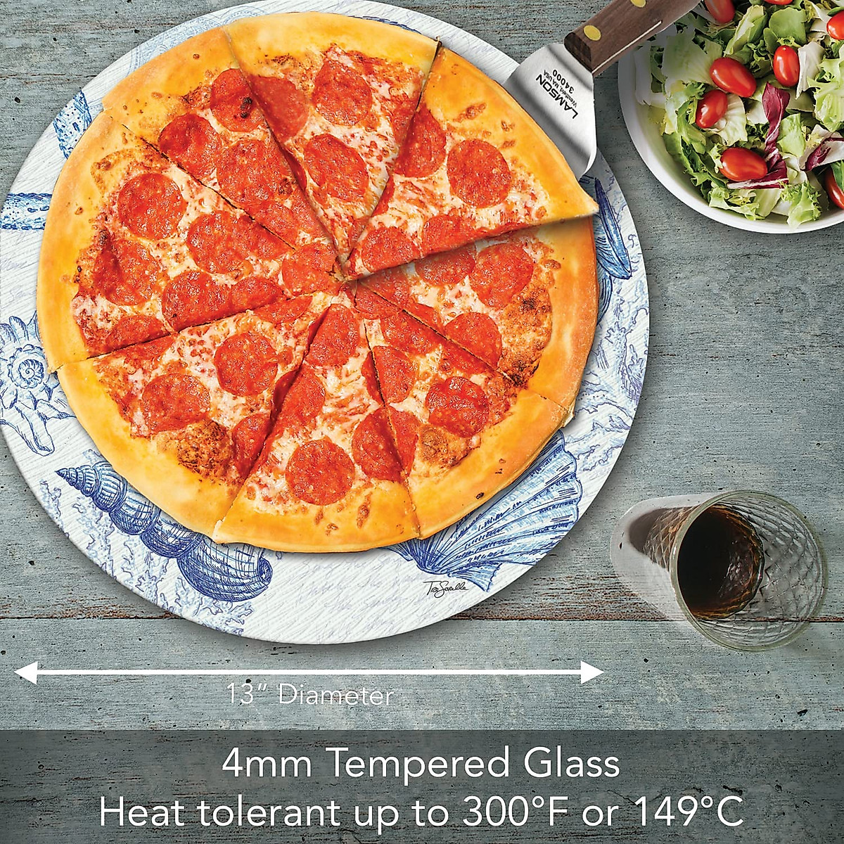 CounterArt Coastal Sketch 4mm Heat Tolerant Tempered Glass Lazy Susan Turntable 13" Diameter Cake Plate Condiment Caddy Pizza Server