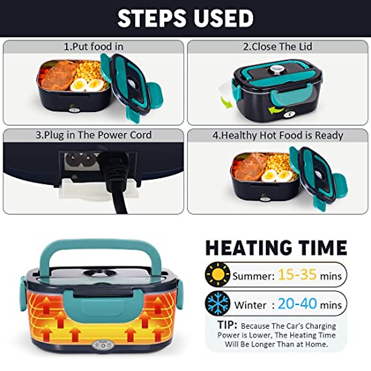 Yoorbee Electric Lunch Box Food Heater, 60W Heated Lunch Boxes for Adults,Durable 3-In-1 Portable Food Warmer for Car& Home/Office,Leak-proof,with Fork&Spoon,Carry Bag