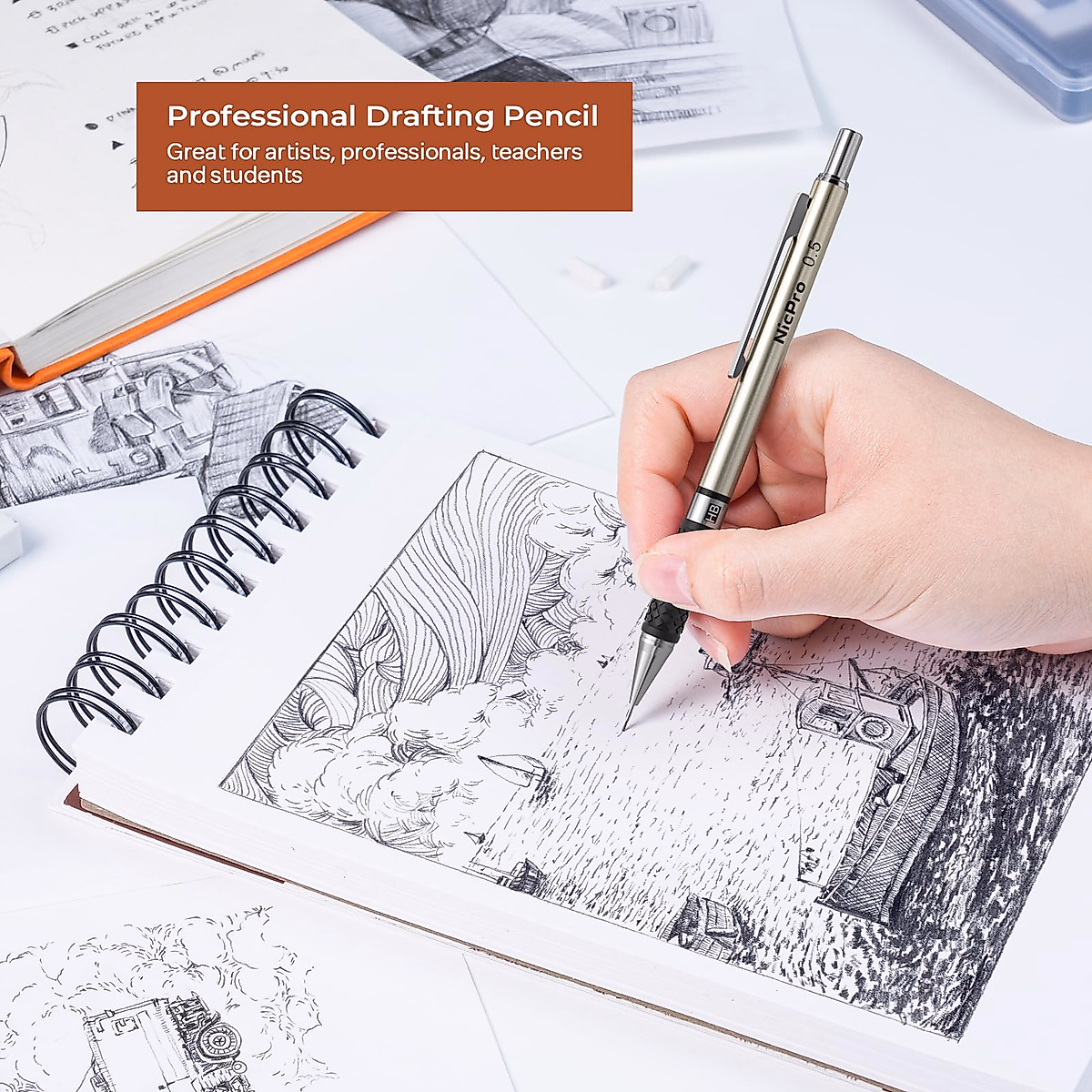 Nicpro 0.5 mm Art Mechanical Pencils Set in Gift Case, 6 PCS Metal Drafting Pencil 0.5mm with 6 Tube HB Lead Refills & 18 PCS Eraser Refills for Adults, Children, Artist Writing, Drawing, Sketching