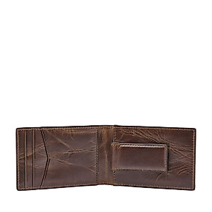 Fossil Men's Derrick Leather Slim Minimalist Magnetic Money Clip Bifold Front Pocket Wallet, Dark Brown, (Model: ML3684201)