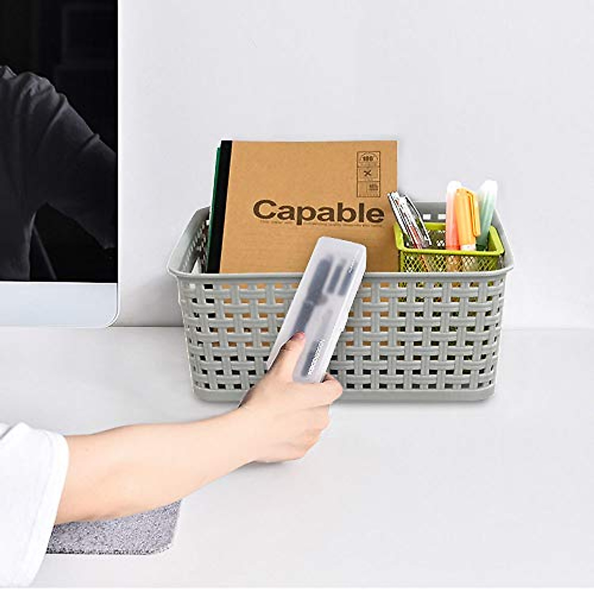 Fiazony Woven Plastic Storage Baskets, 10.03" x 7.55" x 4.09", Set of 6, Lightly Gray