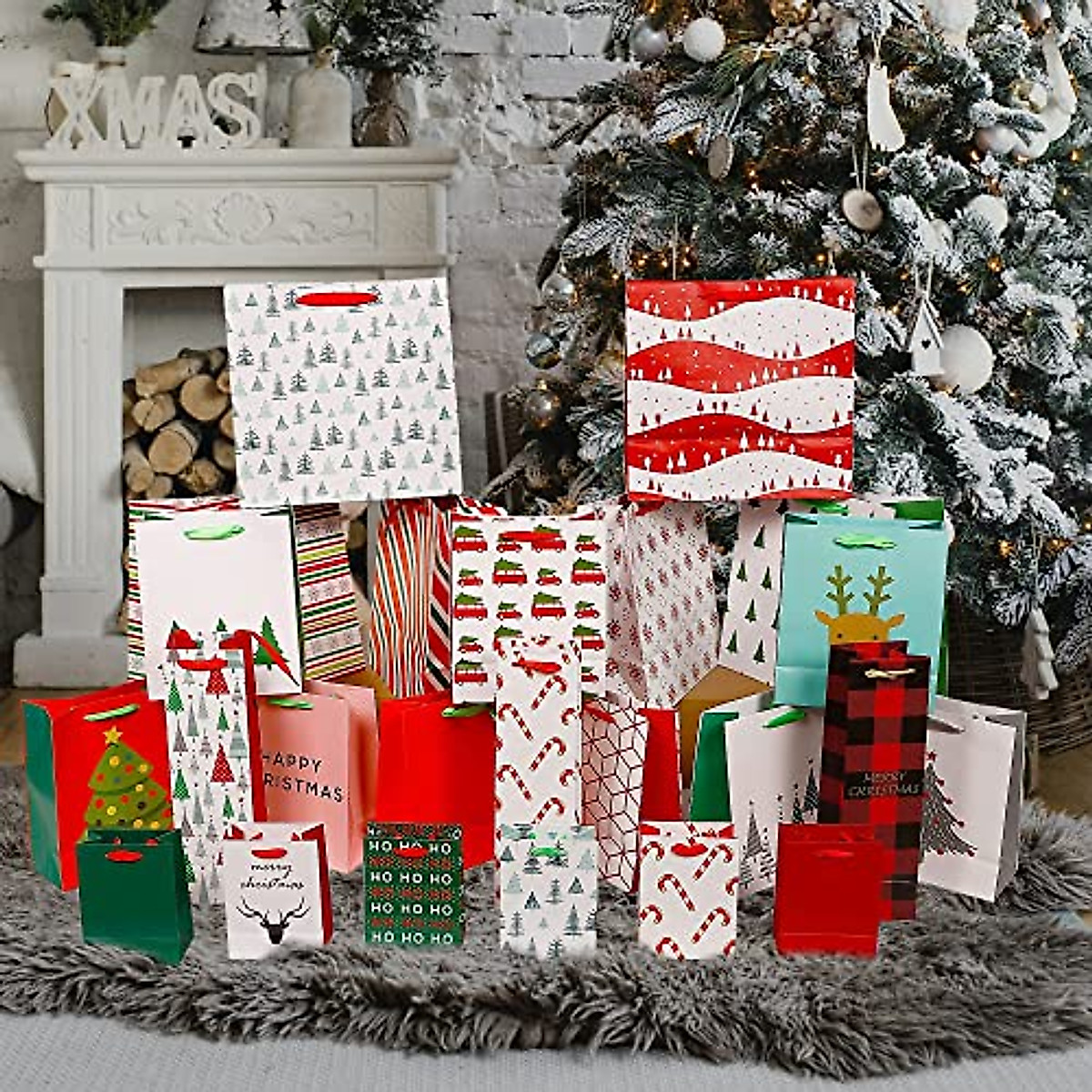 Lulu Home Christmas Wrapping Bags, 24 Packs Assorted Size Art Paper Gift Bags Set with Handles, Xmas Large Medium Small Bottle Bags for Holiday Birthday Present Packaging
