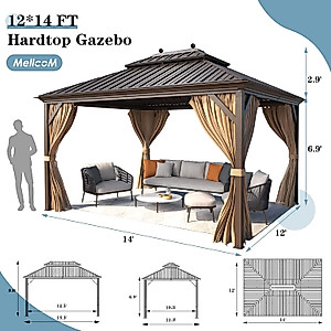 MELLCOM 12' x 14' Hardtop Gazebo, Brown Permanent Pavilion Gazebo with Curtains and Netting, Galvanized Steel Metal Double Roof Aluminum Gazebo with Aluminum Frame for Patios, Gardens, Lawns
