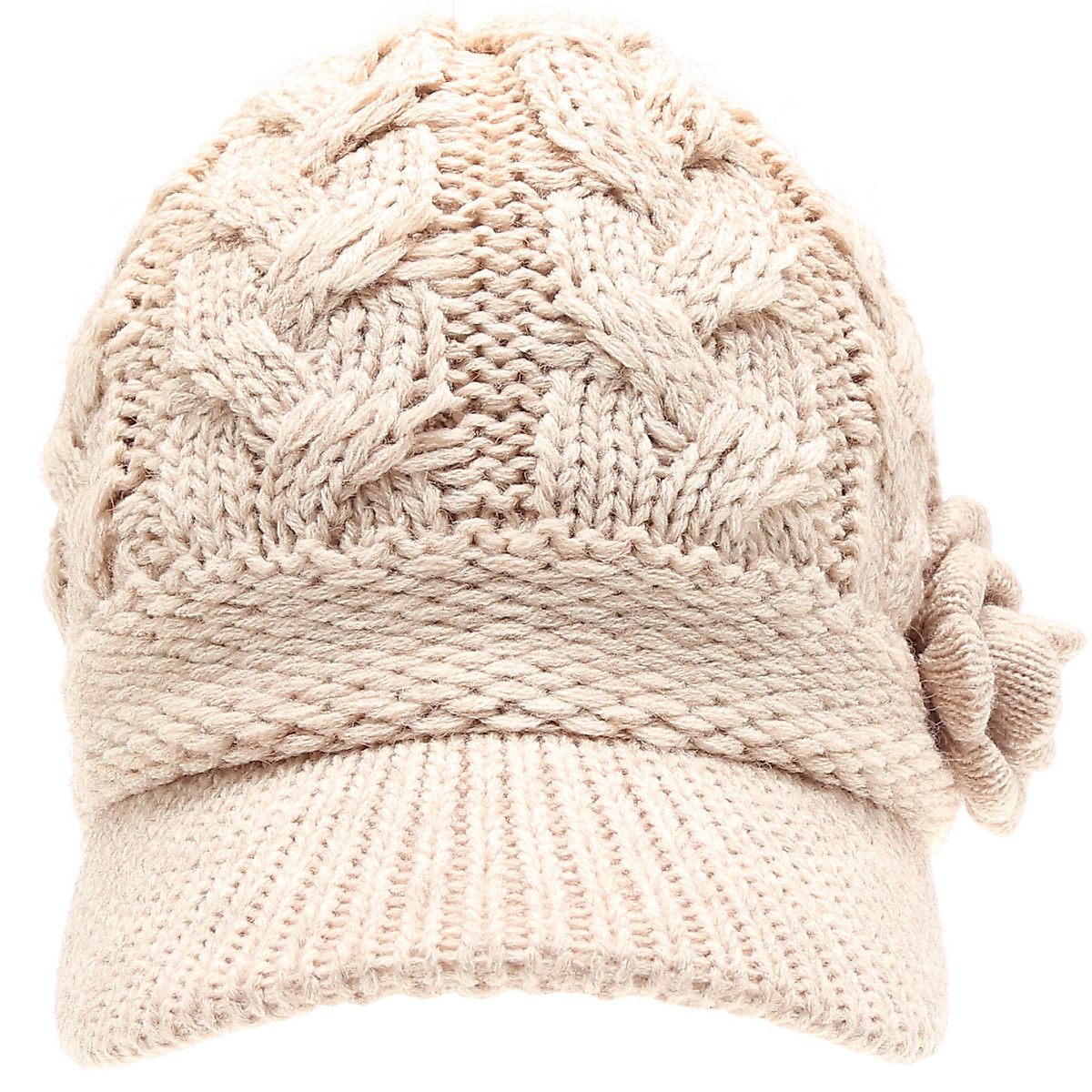 MIRMARU Women’s Knitted Newsboy Hat Double Layer Visor Beanie Cap with Soft Warm Fleece Lining(Cable Knit with Flower-Oatmeal)
