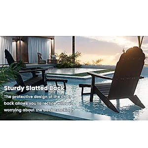 Folding Adirondack Chairs Set of 2, Retractable Ottoman, Poly Lumber Patio Chairs with Cup Holder, Weather Resistant Lawn Outdoor Fire Pit Chair for Porch, Pool, Deck, Backyard, Garden, Black