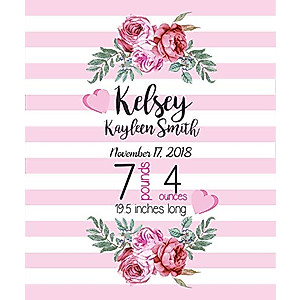 Baby Girl's Blanket - Birth Stats - Pink - Flowers Hearts - Minky 30" x 40"
