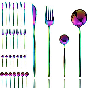 JASHII 32 Pieces Silverware Set, Flatware Set Stainless Steel Cutlery Set Service for 1,Include Knife/Fork/Spoon,Mirror Polished (Rainbow)