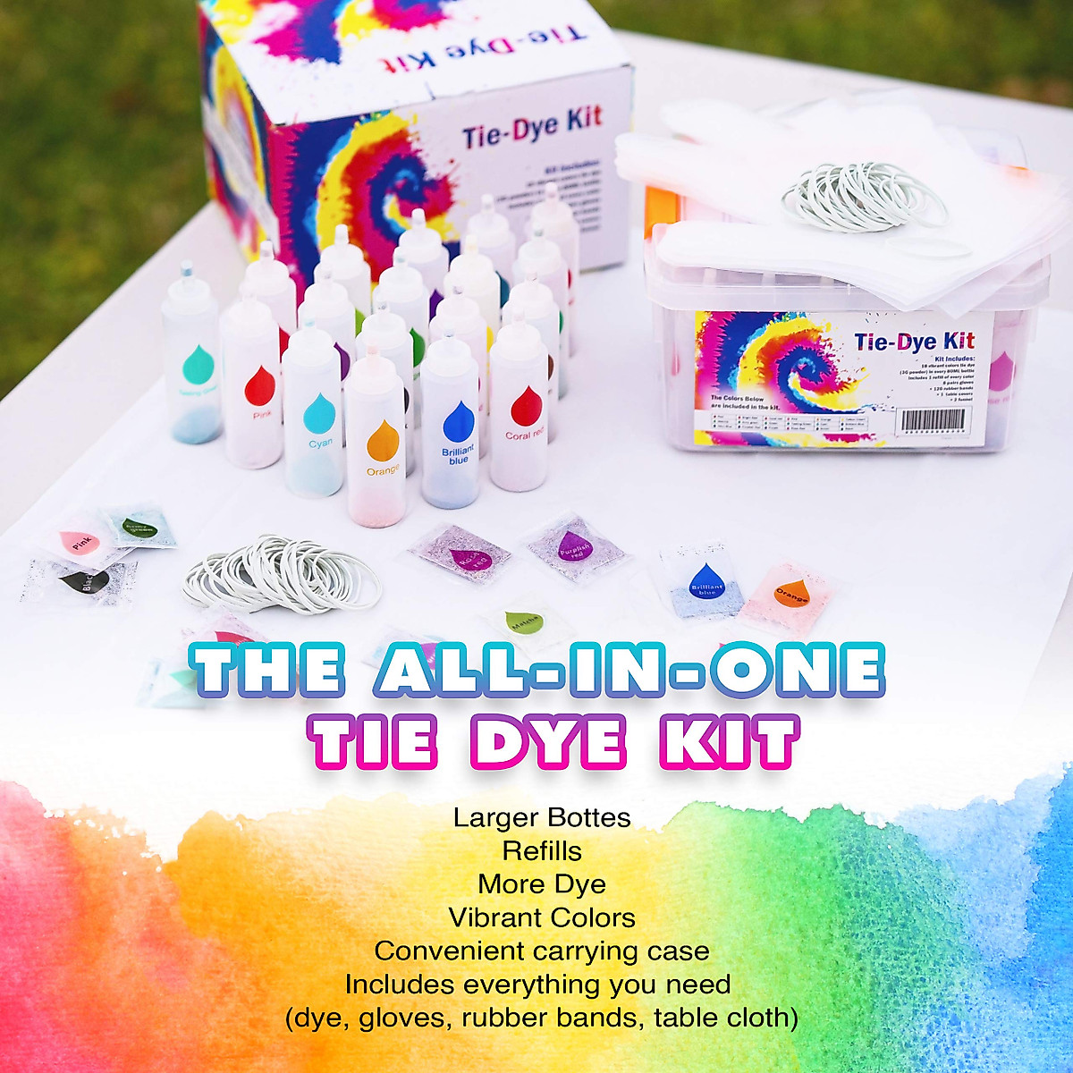 Tie Dye Kit for Kids and Adults - Easy DIY Tie Dye Party Kit with 18 Colors, Fabric Dye Refills, Rubber Bands, Gloves, Table Cover + More Supplies - Fun-at-Home Holiday or Birthday Gift (Rainbow)