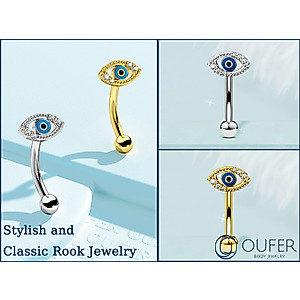 OUFER 16G Rook Earrings, 316L Surgical Steel Eyes Rook Piercing Jewelry, Clear CZ Paved Eyebrow Rings, Curved Barbells, Vertical Labret Lip Piercing Jewelry