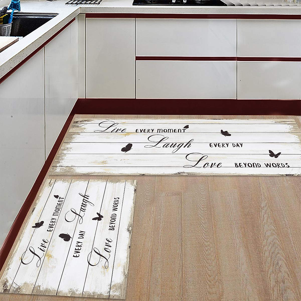 Kitchen Mat Set 2 Piece Kitchen Rugs, Black Positive Energy Live - Laugh - Love Butterflies Soft Rubber Backing Mats Bathroom Runner Area Rugs, 19.7x31.5in + 19.7x47.2in Vintage Wooden Stripes Grain