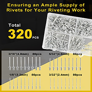 TOLRET Rivet Gun, Pop Rivet Gun Kit with 320 Pcs Rivets, Manual Rivet Tool with 4 Manual Interchangeable Nosepieces, Heavy Duty Hand Riveter for Metal, Wood, Plastic,TR-205