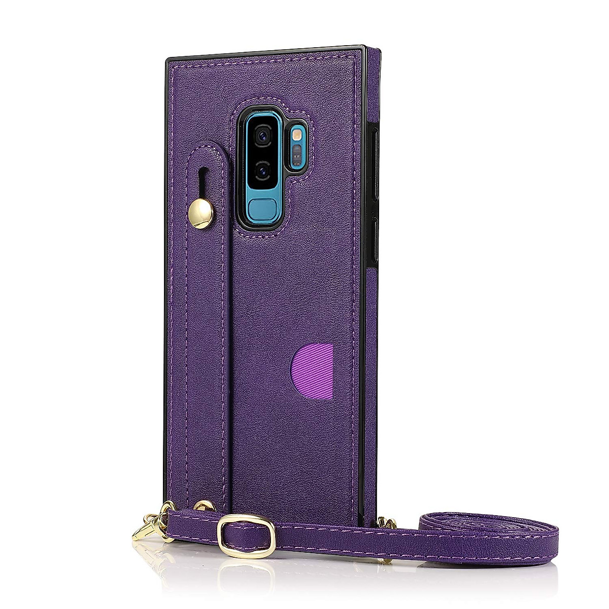 ONV Protective Case Compatible with Samsung Galaxy S9 Plus- Adjustable Crossbody Lanyard + Wrist Cash Pocket Wallet Leather Case Card Slot Stand Metal Close Cover for Samsung Galaxy S9 Plus[WD]-Violet