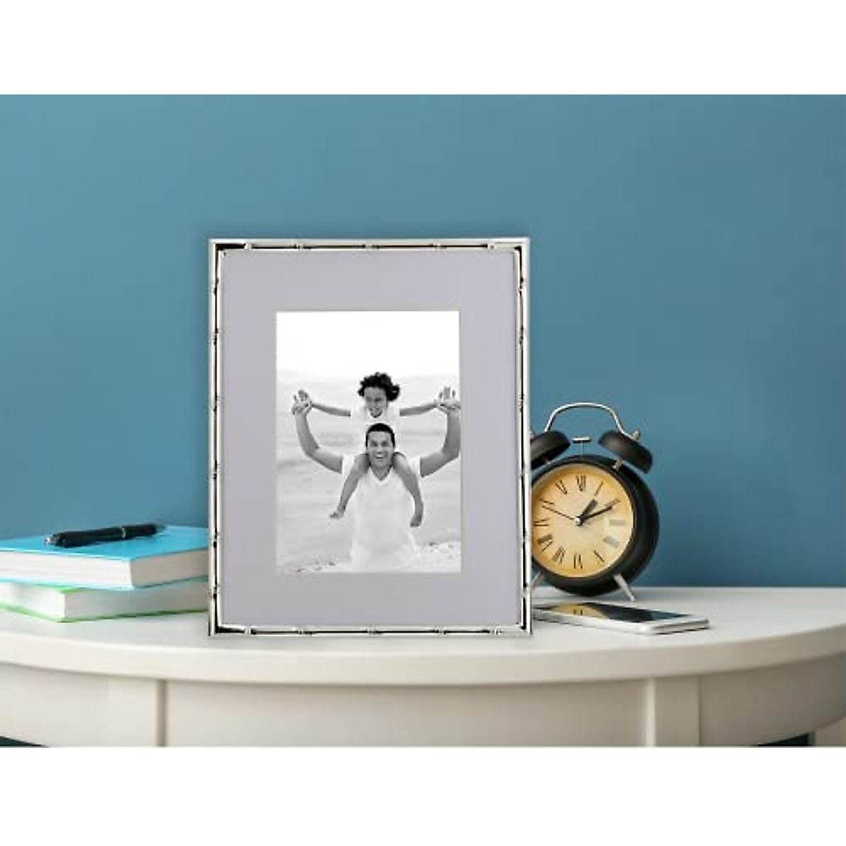 8x10'' Bamboo Detail Designs Silver Metal Picture Frame with Mat for 5x7'' Set of 2, Narrow Silver Plated Photo Frames 5 x7'' With Soft Touch Velvet Backing for Desktop and Wall Décor(Silver)