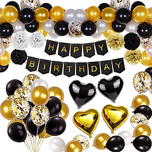 Black and Gold Party Decorations Happy Birthday Confetti Balloons with Banner,Star Heart Foil Balloons,Paper Pompoms for18th 20th 30th 40th 50th 60th 70th Birthday Decorat (Black and Gold)