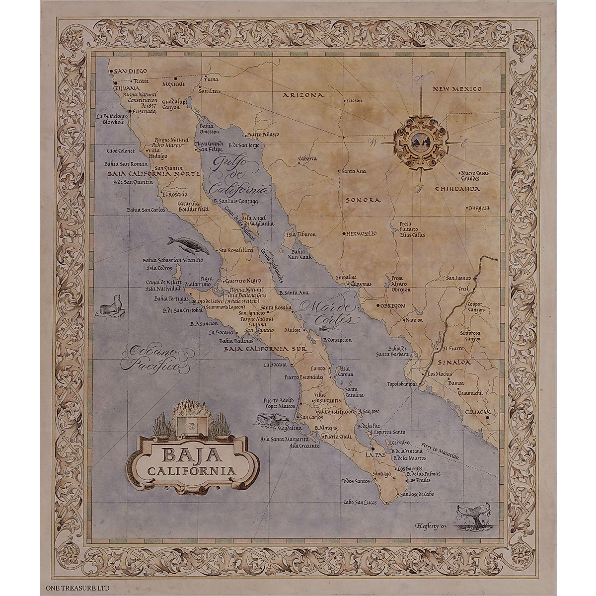 One Treasure Limited Antique Vintage Old World Mexico Baja California Map
