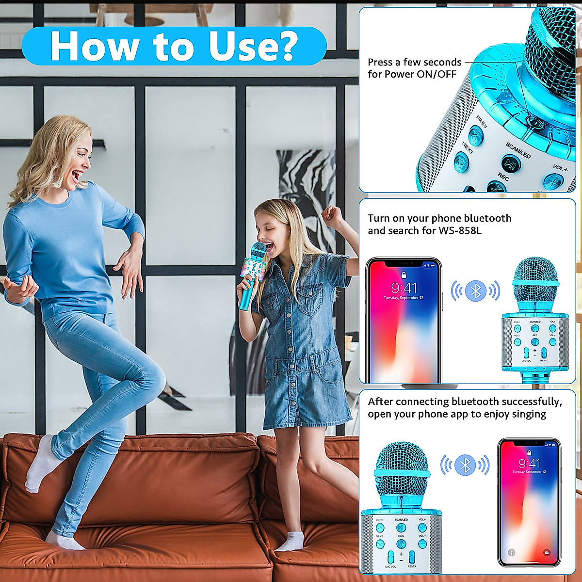 Voice Changing Karaoke Microphone for Kids Singing,5 in 1 Wireless Bluetooth Microphone with LED Lights Karaoke Machine Portable Mic Speaker Player Recorder for Home Party Birthday Gift