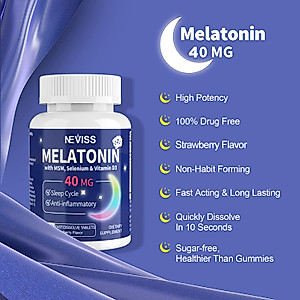Melatonin 40 mg for Adults - Fast Dissolve & Chewable Sublingual Sleep Supplement - Extra Strength Melatonin with Vitamin D3 & MSM, Selenium for Health Rest Cycle, Deep Zzzs, Sugar-Free, 180 Servings