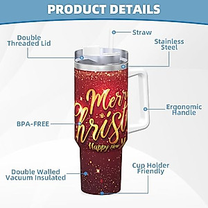 deaokluy 40 OZ Christmas Ice Bully Cup with Handle Straw Lid, Double Wall Stainless Steel Tumbler Travel Coffee Cup, Merry Insulation and Cooling Cup for Christmas Birthday Present