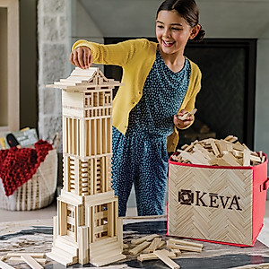 MindWare KEVA Structures 600 Plank Wooden Building Blocks Set, Includes 600 Pine KEVA Planks, 30 Idea Cards and Collapsible Storage Bin
