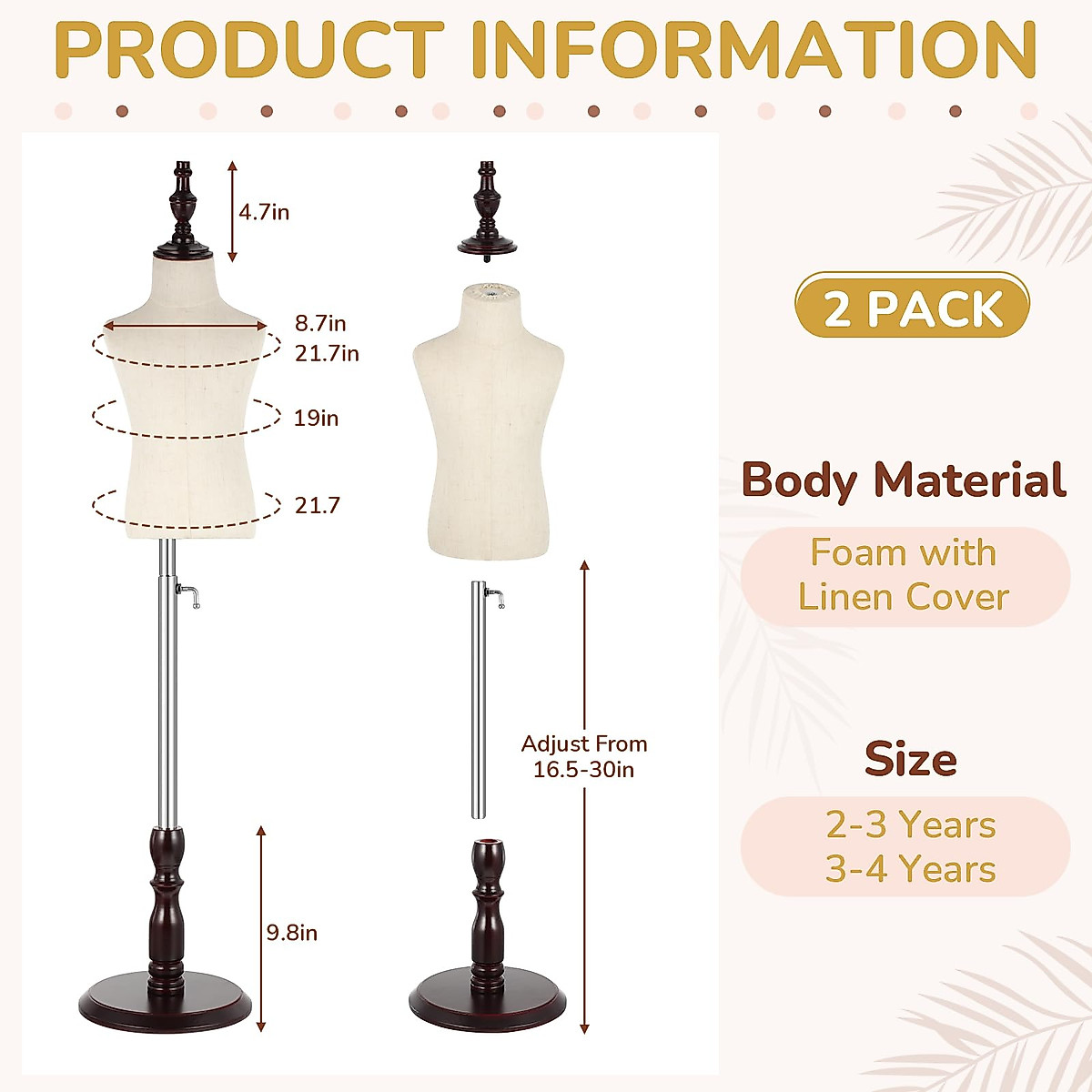 Thyle 2 Pcs Kids Body Bust Dress Form 2-3 Years Wood Adjustable Metal Dress Mannequin with Stand for Toddler Child Sewing Jewelry Display