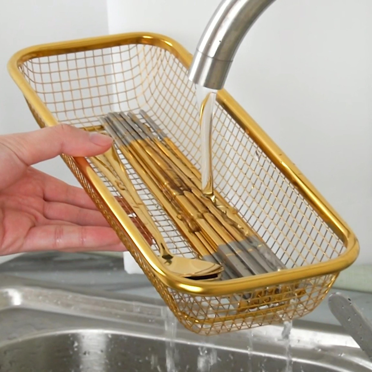 BYEGOU Gold Kitchen Drawer Organizer, Stackable Mesh Storage Baskets, Stainless Steel Silverware Organizer for Holding Knife Fork Spoon, 12.5"x5"x2.5", Pack of 2