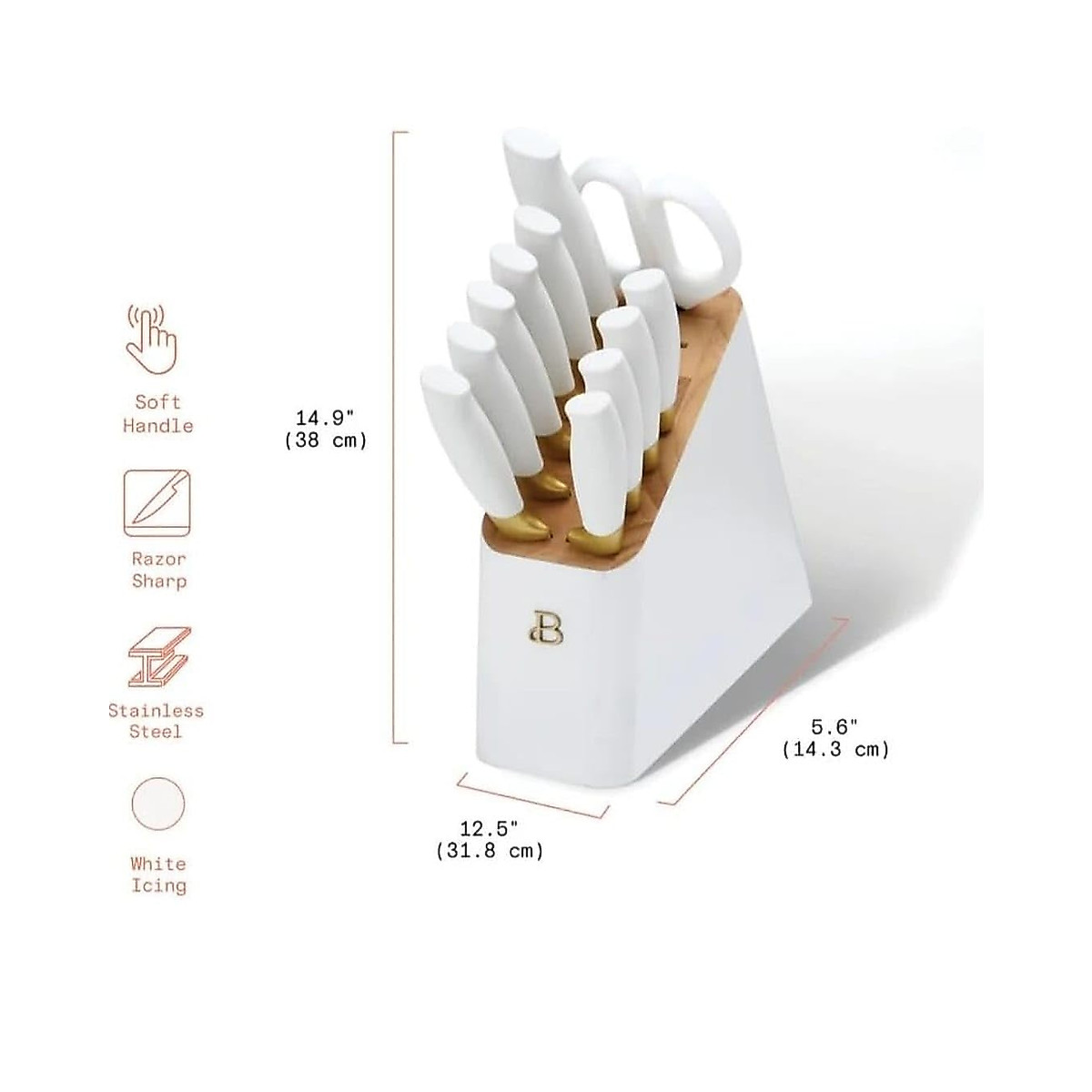 12 Piece Knife Block Set with Soft-Grip Ergonomic Handles White and Gold by Drew Barrymore