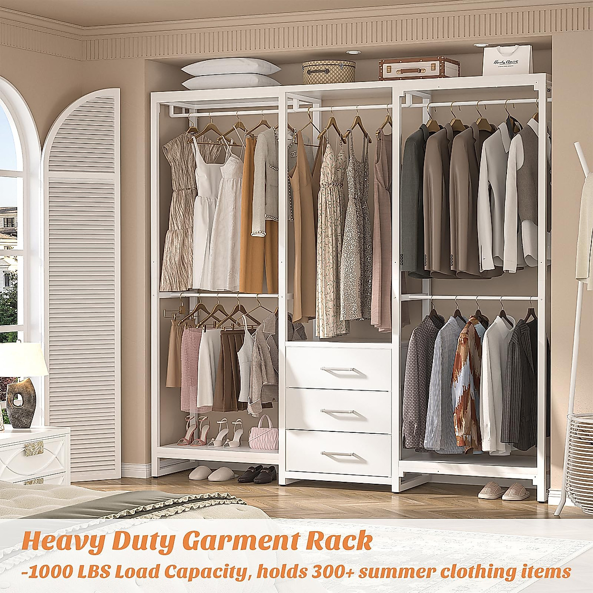 Aheaplus Garment Rack Heavy Duty Clothes Rack for Hanging Clothes,Clothing Rack with Drawers, Wood Stoarge Shelf Freestanding Closet Wardrobe Rack, Corner L Shaped Closet System Organizers, W3,White