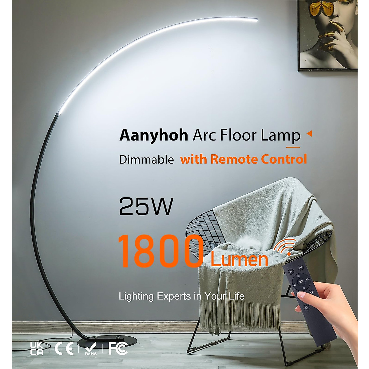 Dimmable Arc Floor Lamp with Remote Control, 67'' Black Modern LED Standing Lamps Tall Lamp, Arched Floor Lamp for Living Room, 3 Color Temperatures, Reading Floor Lamps for Bedroom Office Home