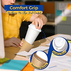 [50 Pack] White Coffee Cups with White Dome Lids and Brown Sleeves - 12oz Disposable Paper Coffee Cups - To Go Cups for Hot Chocolate, Tea, and Other Drinks - Ideal for Cafes, Bistros, and Businesses