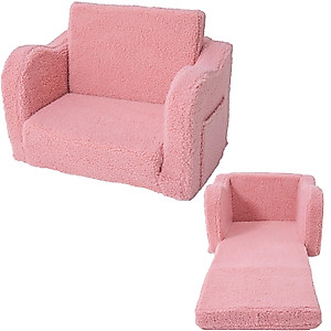 Furnishh Kids Sofa Couch Fold Out, Baby Toddler Comfy Soft Chair for Boys Girls, Flip Out Foldable Children 2 in 1 Convertible Sofa to Lounger, Folding Child Sleeper for Playroom, Pink