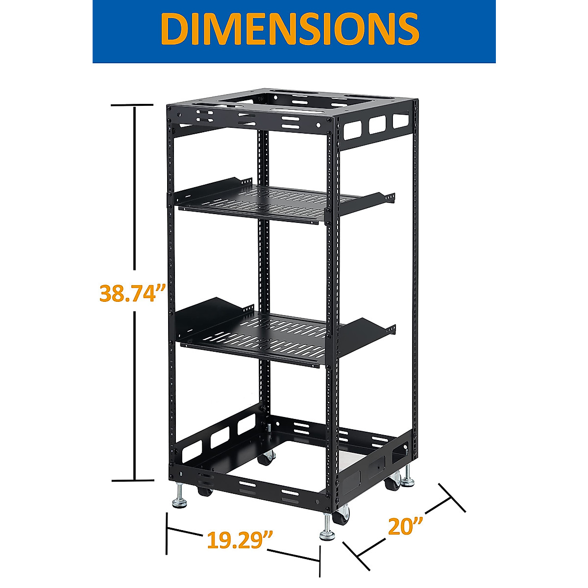 Tedgetal 20U Open Frame Rack for Servers & AV Gear - Wall Mountable Design Includes 2X Vented Shelves, 4X Leveling Feet, 4X Casters
