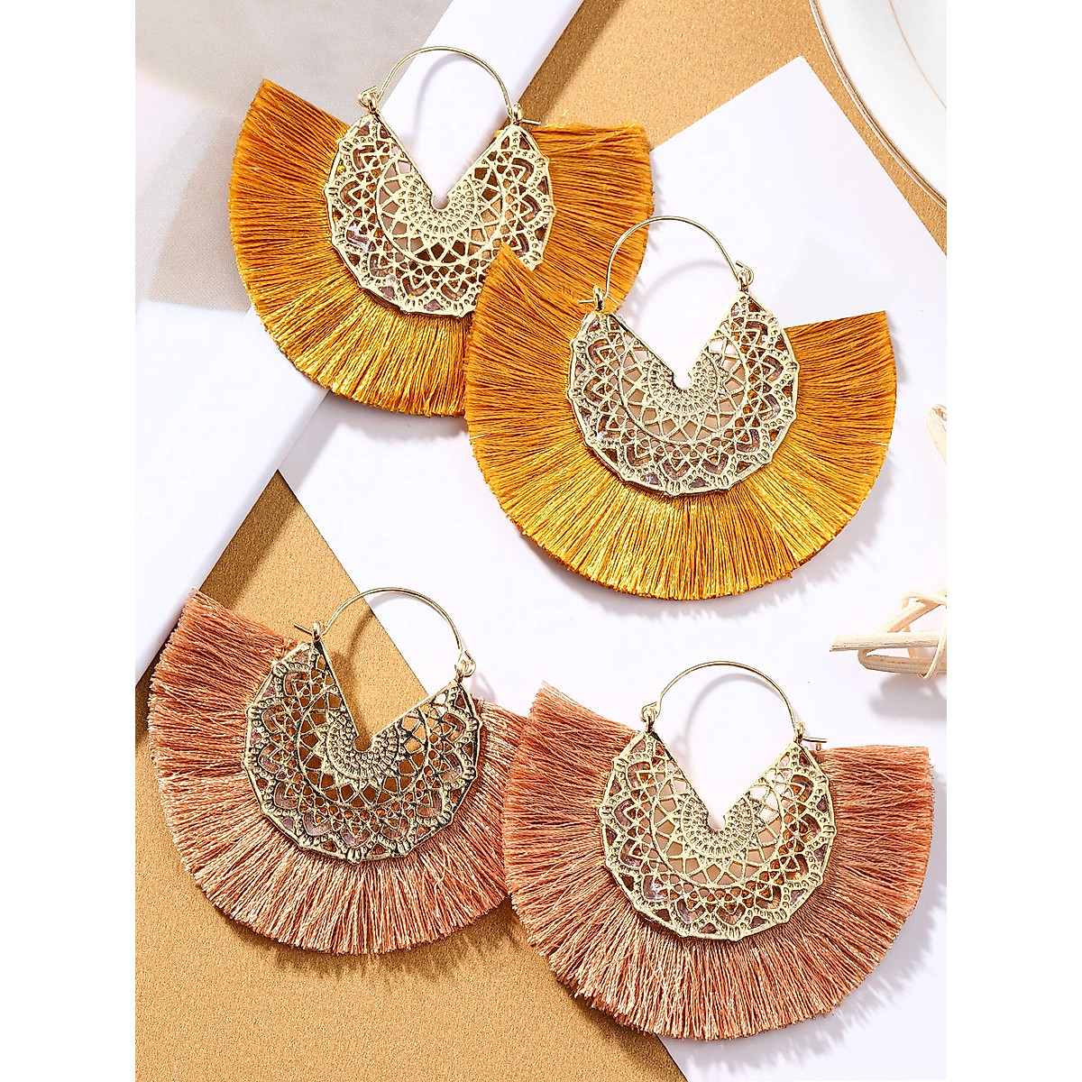 12 Pairs Statement Tassel Earrings Hoop Tassel Earrings Bohemian Geometric Handmade Earrings for Women(Stylish Style)
