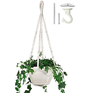 Shineloha 43 Inches Macrame Plant Hanger Large for up to 12 inch Pot | Extra Long + Hook | No Tassel, Cotton Rope Hanging Plant Holder with Swag Hook, NO Plant/Pot Included (White)…