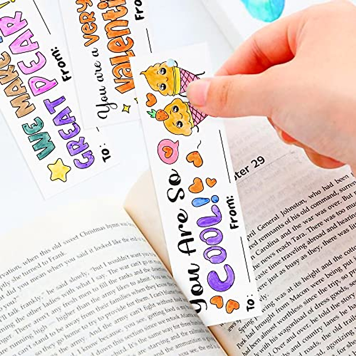 3sscha 75pcs Valentine’s Day Color Your Own  Bookmarks Food Theme Kid Creative DIY Coloring Paper Bookmark Valentine Blank Paint Bookmarks for Teacher Student Valentines Art Gift Party Reward Supplies