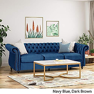 GDFStudio Chesterfield Tufted Jewel Toned Velvet Sofa with Scroll Arms, Navy Blue