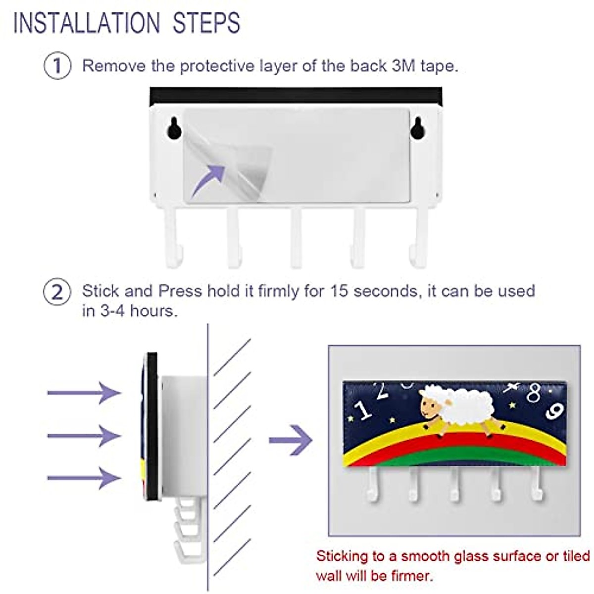 Bed Time Sheep Rainbow Night Mail Holder Organizer and Key Hooks PU Front, Self Adhesive Key Rack with 5 Hooks Perfect for Entryway, Hallway，Bathroom ，Kitchen
