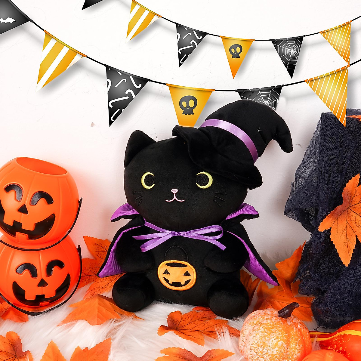 KOPHINYE Halloween Plush Black Cat Plush - 9inch Halloween Black Cat Stuffed Animal Witch Cat Plushie - Cute Halloween Stuffed Toys Decorations Halloween Plushies Gift for Kids