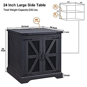 JXQTLINGMU Farmhouse End Table, 24" Large Sofa Side Table with Charging Station, Mesh Barn Door, and Adjustable Storage Shelf, Rustic Wood Square Nightstand for Living Room, Bedroom, Office, Black