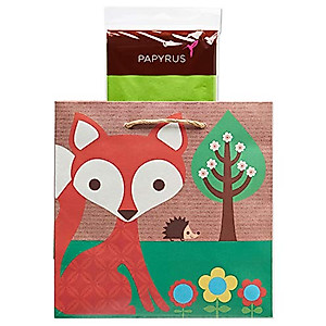 Papyrus 9" Medium Gift Bag with Tissue Paper (Fox) for Baby Showers or Birthdays (1 Bag, 8-Sheets)