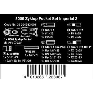 Wera 05004283001 8009 Zyklop Pocket Set Imperial 2, Ratchet Set, 18 Pieces, Black Green