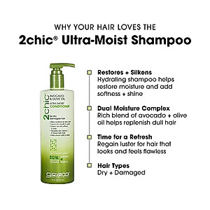 Giovanni 2Chic Ultra-Moist Avocado & Olive Oil Shampoo and Conditioner Set - Moisture & Natural Growth for Men & Women with Moisturizing Aloe Vera, Sulfate Free - 24 Fl Oz (Set of 2)
