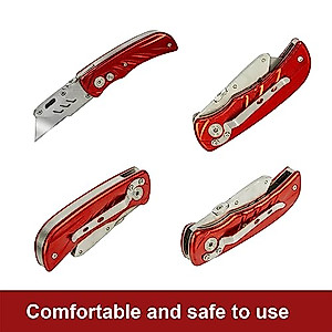 Folding Utility Knife/Box Cutter Stainless Steel with Clip + Nylon Pouch + 5 Extra SK5 Blades Red