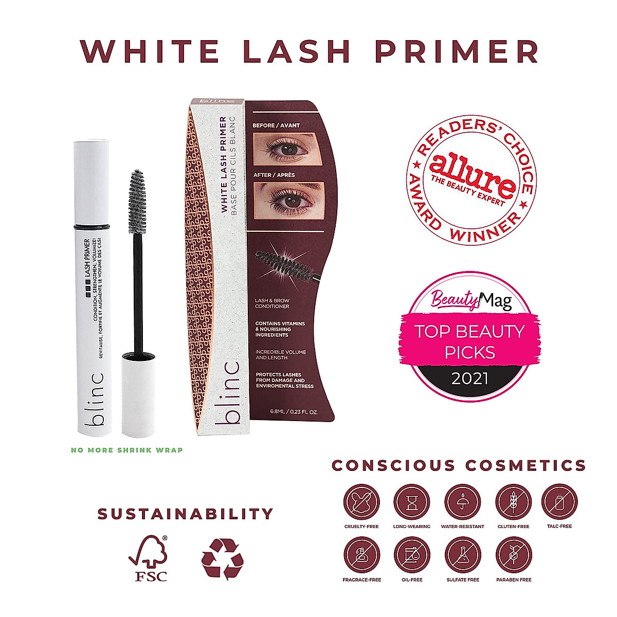 Blinc White Lash Primer, Lash Boosting Conditioning Eyelash Primer Mascara with Vitamin E and Growth Promotion Peptides, Volumizing and Lengthening White Mascara Primer, 6.8mL / 0.23 Fl. Oz