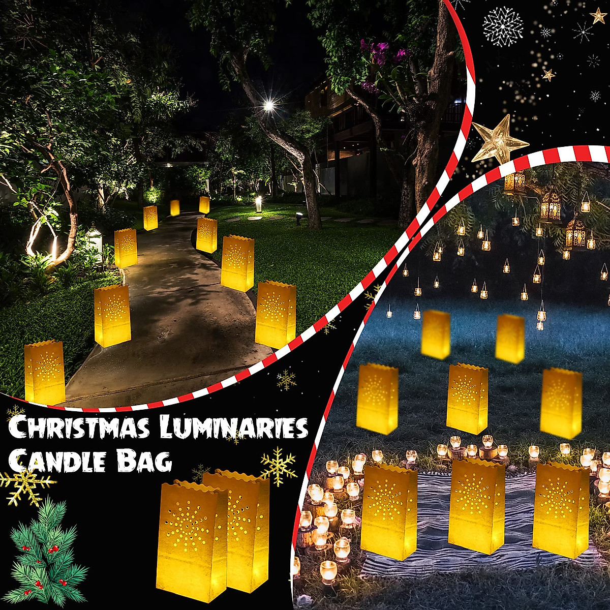 100 Pieces White Luminary Bags Christmas Luminaries Flame Resistant Candle Bags Reusable Paper Lantern Bags for Christmas Wedding Thanksgiving New Year Valentine's Day Diwali Party Decor (Sun)