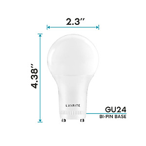 LUXRITE A19 LED GU24 Light Bulb, 60W Equivalent, 3000K Soft White, Enclosed Fixture Rated, 800 Lumens, Dimmable Twist Lock Light Bulbs, Damp Rated, UL Listed, GU24 Base (4 Pack)