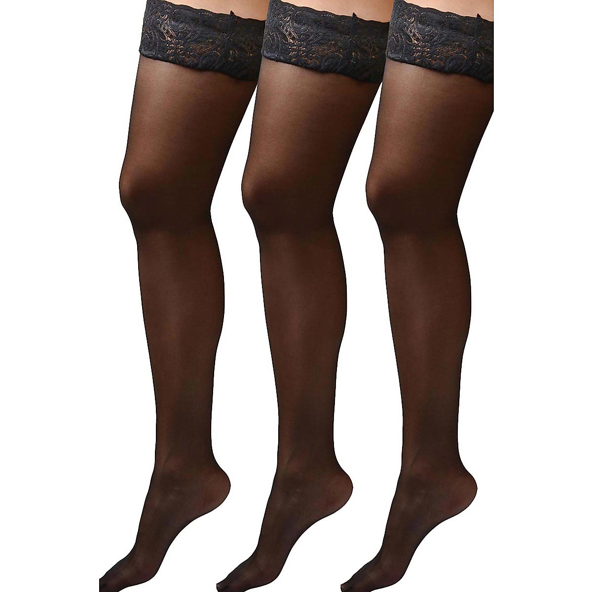 Angelique Womens Plus Size Hosiery Sheer Lace Top Black Thigh High Stockings For Garter Belt- 3 Pack