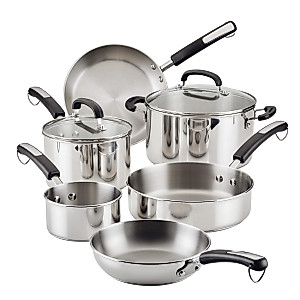 Farberware Brilliance Stainless Steel Cookware Pots and Pans Set with Kitchen Cooking Tools and Glass Lids, 10 Piece, Dishwasher Safe and Induction Ready, Stainless Steel